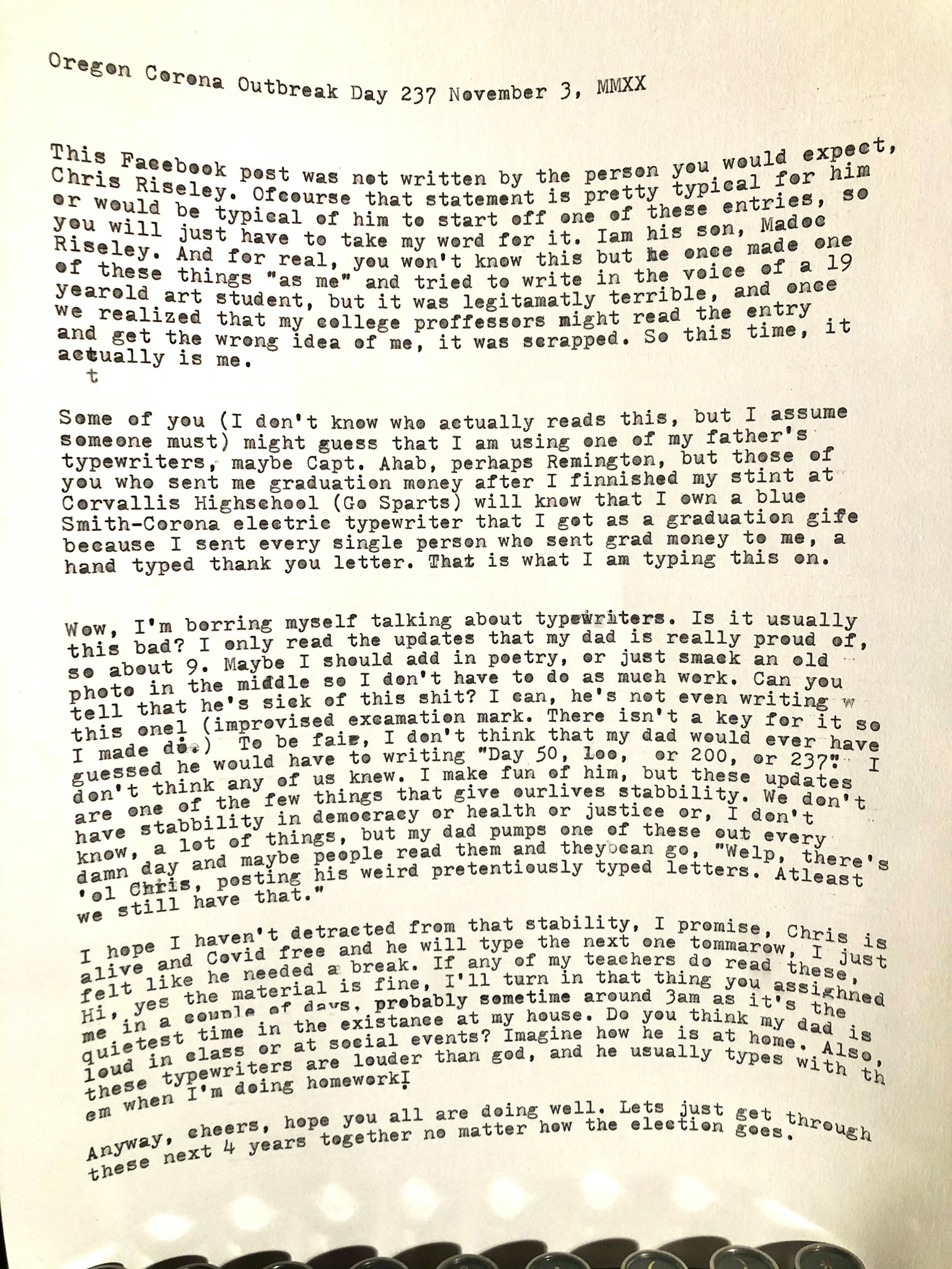 A Man and His Typewriter: The Chris Riseley Quarantine Diary - The ...